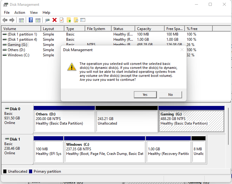 The operation you selected will convert the selected basic disk(s) to ...