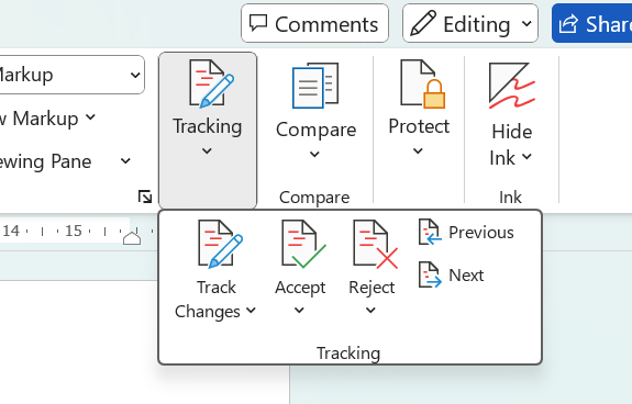 Query: track change button functions should appear on main ribbon and not in drop down ...