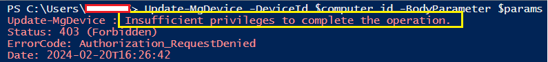 Update-MgDevice failing with Insufficient privileges error - Microsoft Q&A