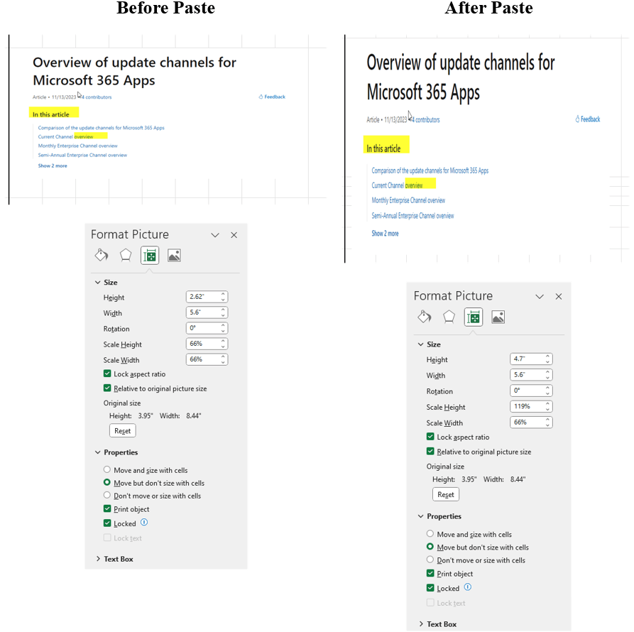 Images in Excel are resizing when pasted as part of a row; "Move but don't size with cells" is ...