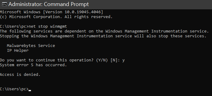 Windows could not stop the Windows Management Instrumentation(WMI) service on Local Computer ...