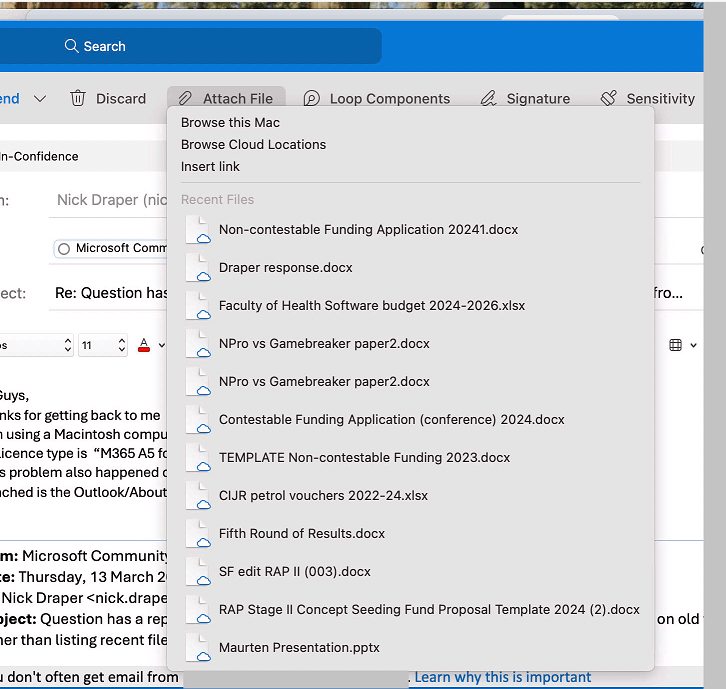 how can I clear and then get my attach file list on outlook - its ...