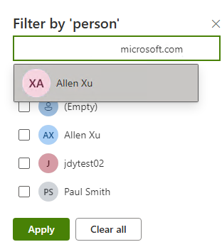 Filter person name not working after changed the show value - Microsoft Q&A