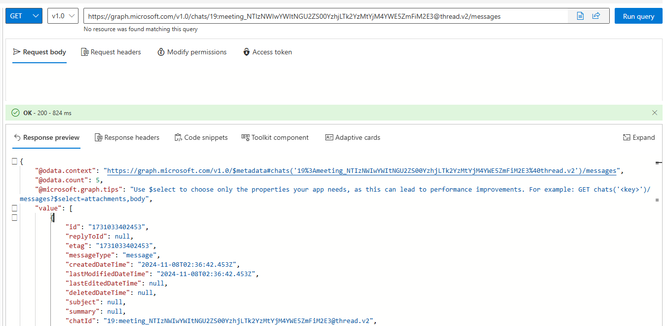 https://graph.microsoft.com/v1.0/chats/:threadId/messages throws 400 bad request - Microsoft Q&A