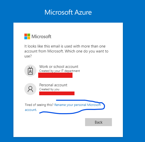 Broken test account, I used my work email to create a free azure ...