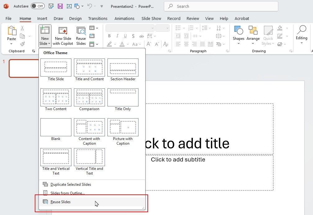 The "Reuse Slides" feature in Power Point is not working and shows that ...