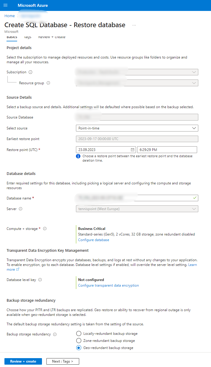 Unable to restore database because of size, unable to change target service level or target ...