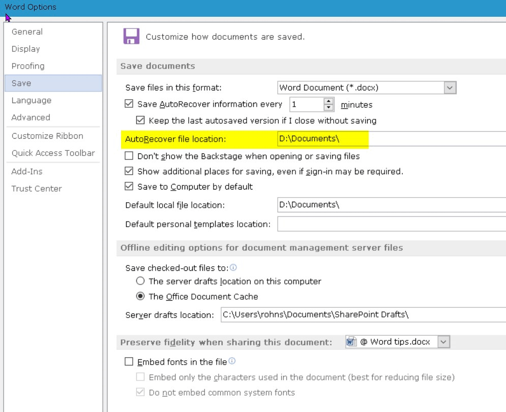 Office 365 - MS Word - How to set autorecovery folder (.asd files ...