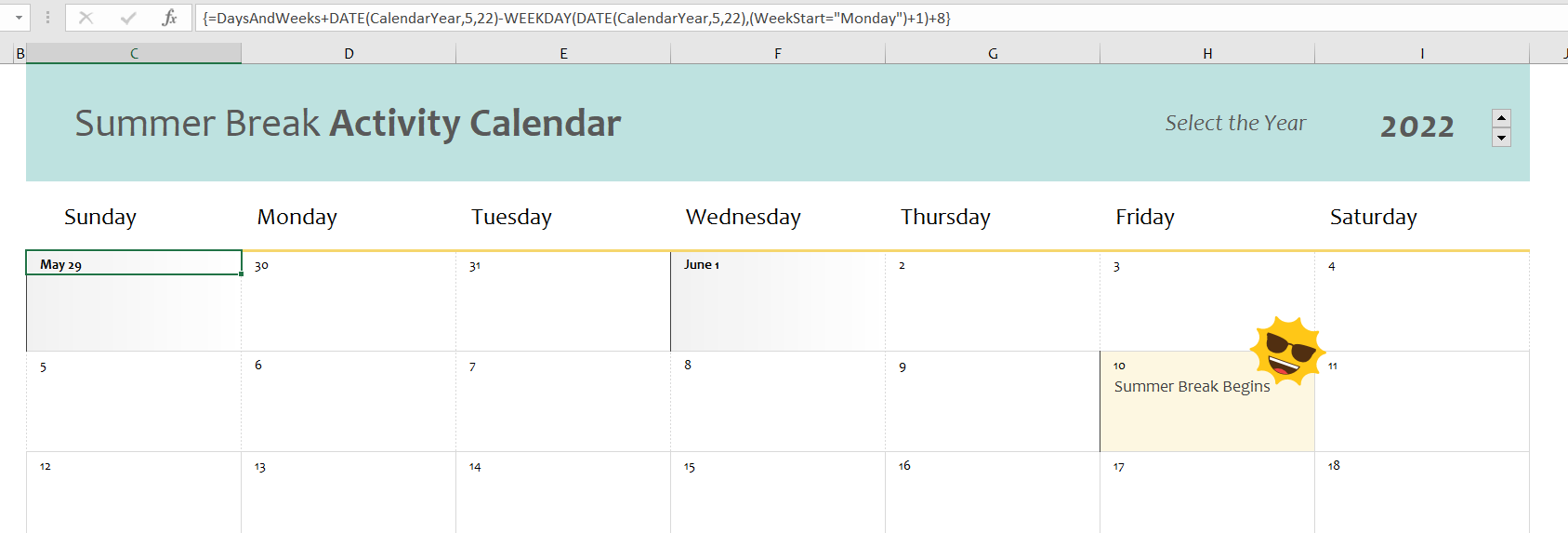 Change start date on Excel Summer Break Calendar Template - Microsoft Q&A