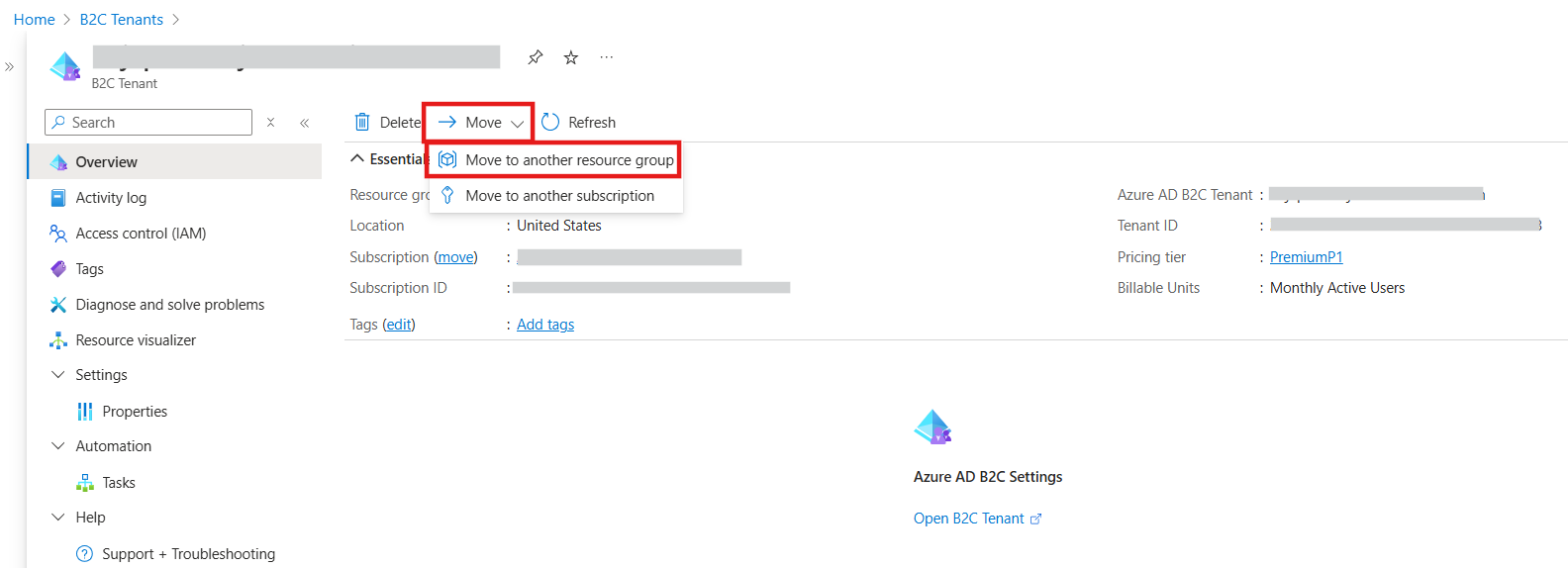 Moving Azure AD B2C Tenant resource - Microsoft Q&A