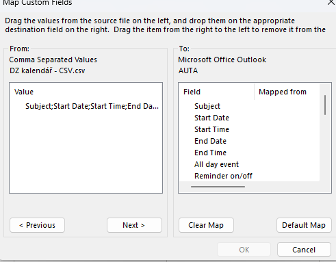 How to fix importing issue - from CSV to Outlook Calendar? Map custom fields is not working ...