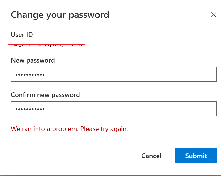 Microsoft Self Service Password Reset (SSPR) portal is throwing an error "We run into a problem ...