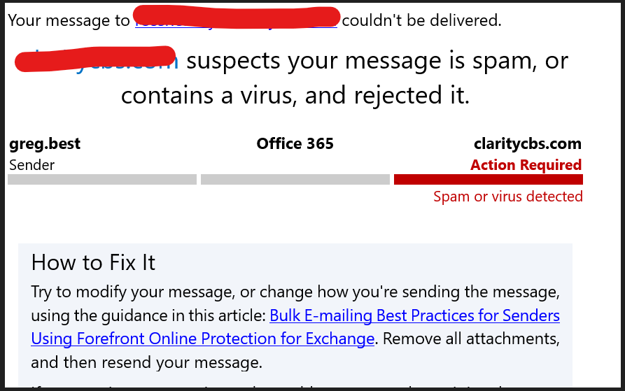 How to fix "****.com suspects your message is spam or contains a virus, and rejected it ...
