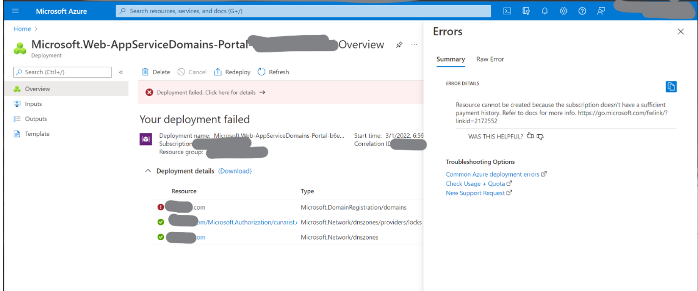 Resource cannot be created because the subscription doesn't have a ...