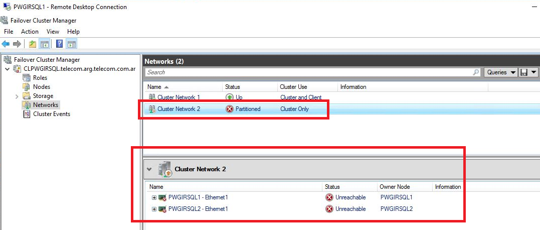 Cluster Network 2 Partitioned - Microsoft Q&A