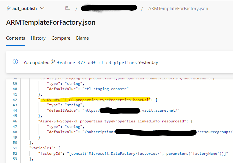 Data factory CD pipeline: Deployment template validation failed - parameter not valid ...