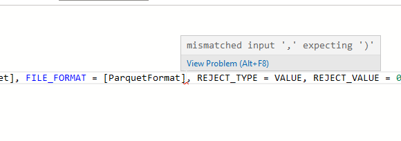 Getting a parse error when trying to create an external table in synapse dedicated pool ...