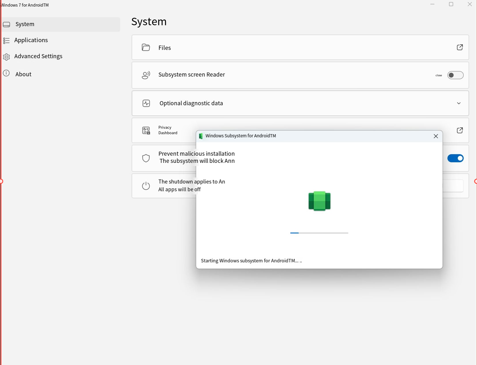 After opening the "Windows Subsystem for Android™", clicI tried reinstalling the Windows ...