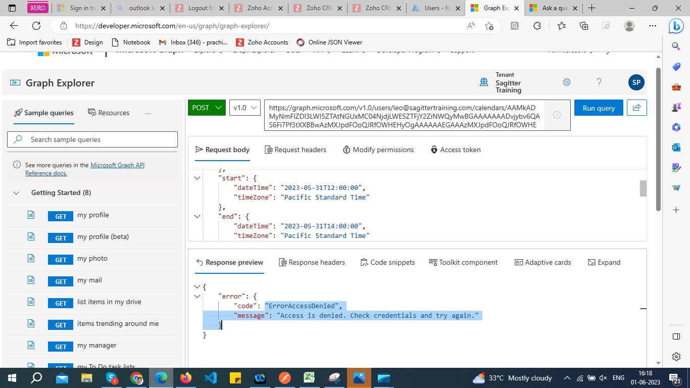 How can we resolve the access denied issue, we are trying to create event from user calendar via ...