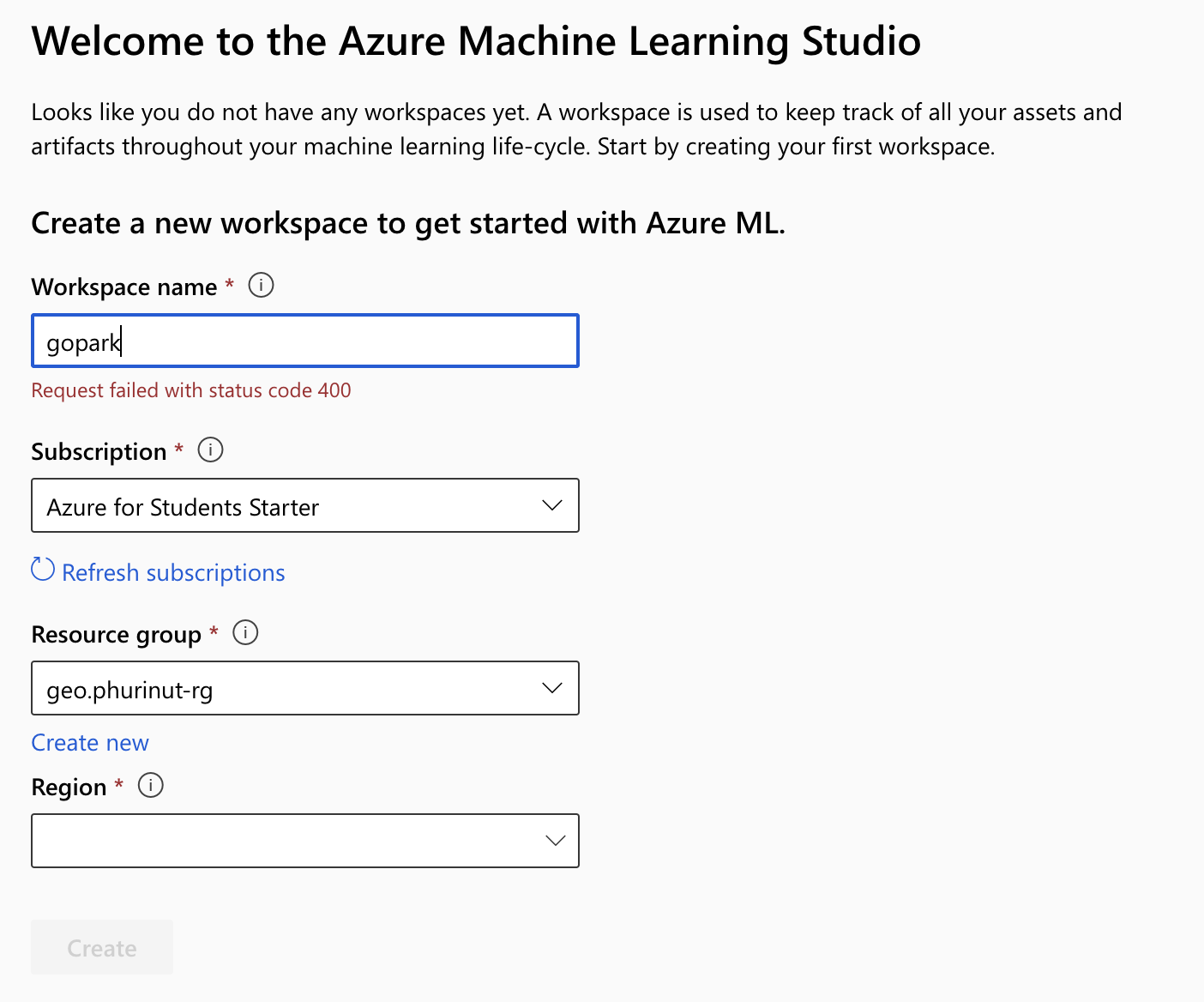Unable To Create Workspace On Azure Ml Microsoft Qanda 