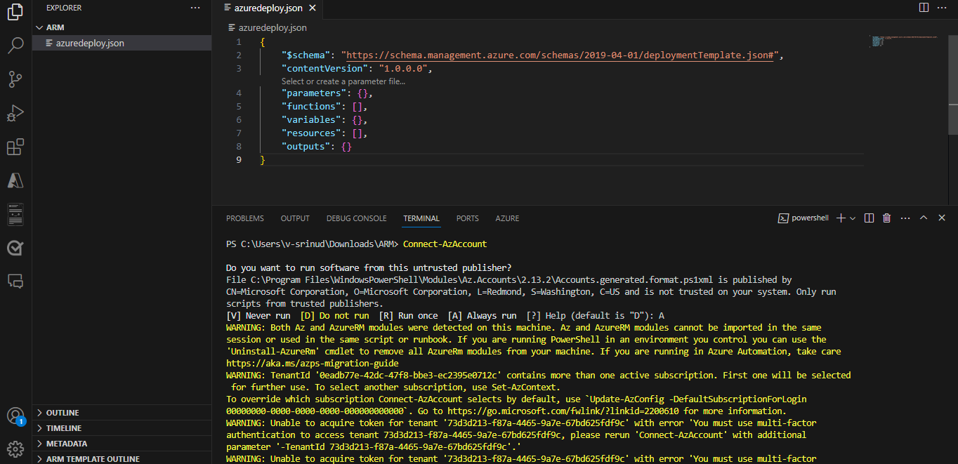 Not able to complete the ARM template deployment Visual studio code ...
