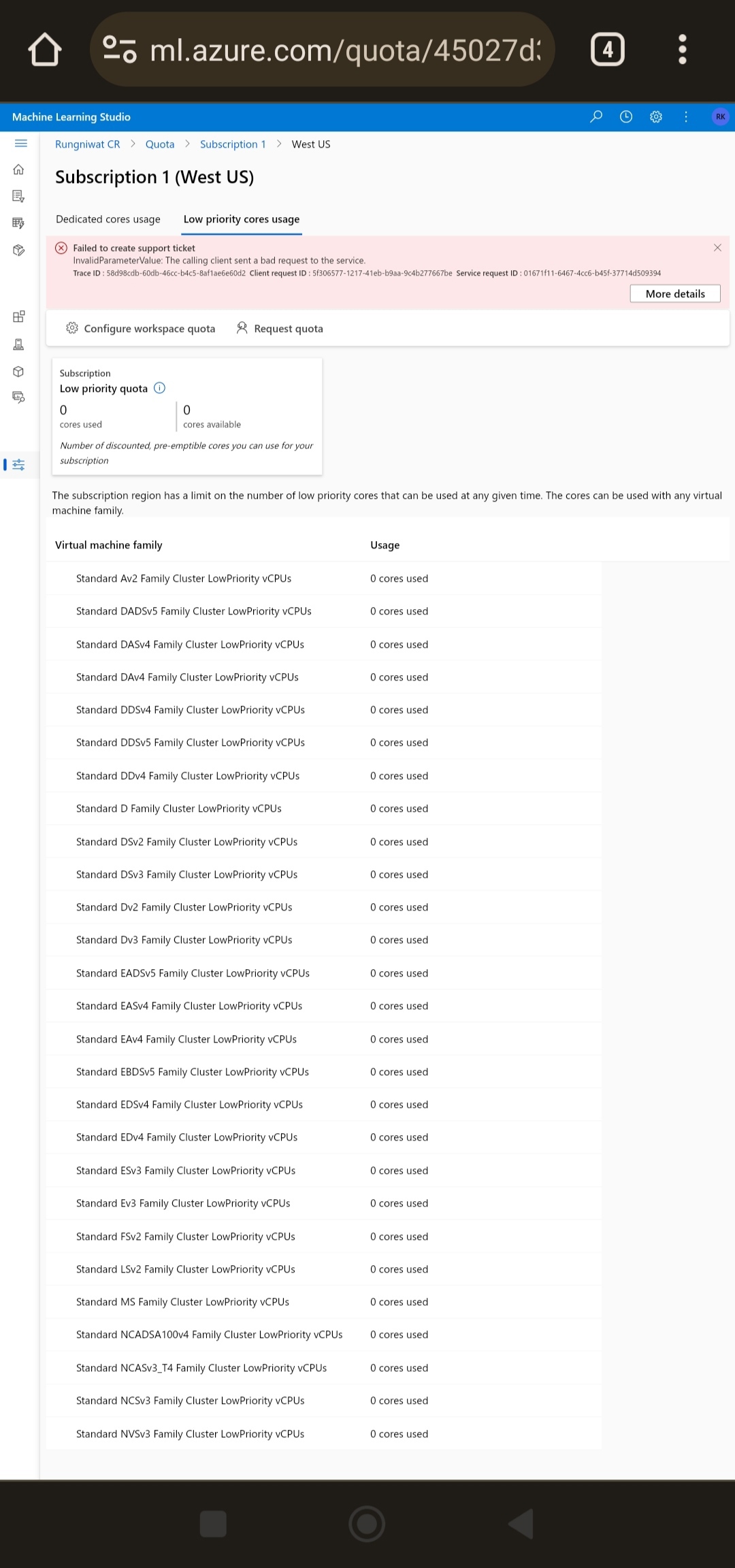 Request quota error 400 - Microsoft Q&A