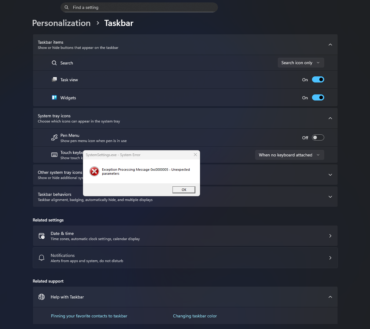When trying to access notifications panel in windows, getting error ...