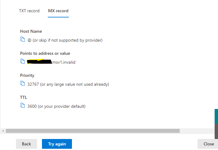 Domain won't verify with MX/TXT records from Microsoft - Microsoft Q&A