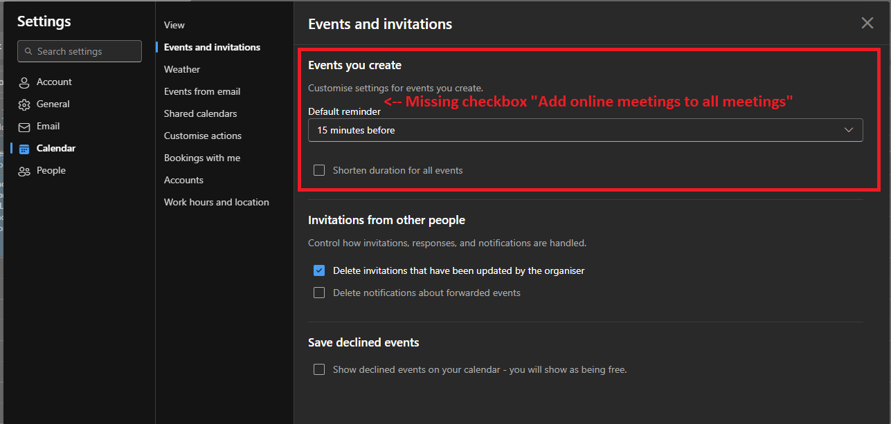 Missing checkbox "Add online meeting to all meetings" in outlook web app with 365 Business ...