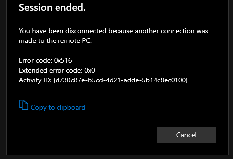 Remote Desktop - You have been disconnected because another connection ...