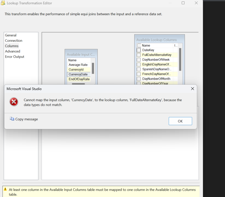 Struggling with SSIS lookup date key transformation - Microsoft Q&A