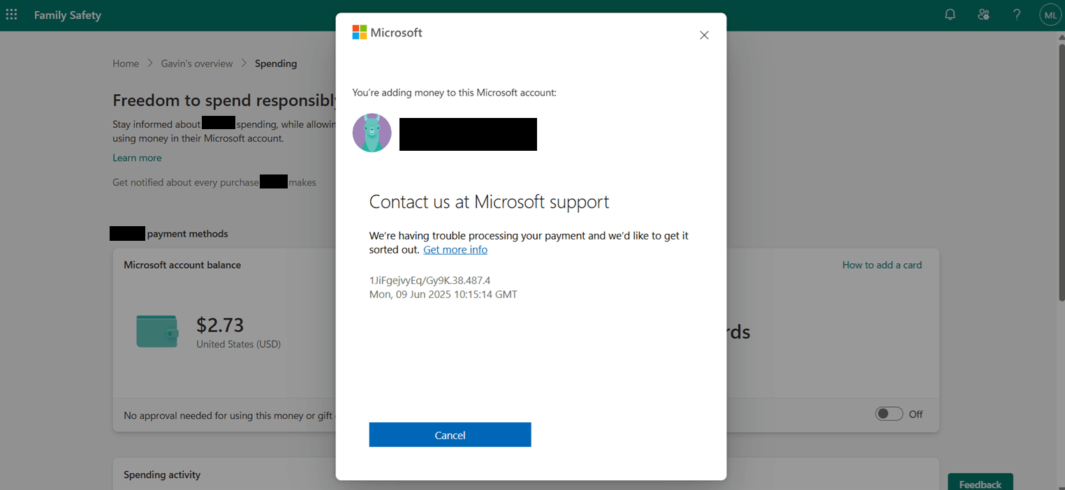 Unable to add funds to child account in Microsoft Family Safety ...