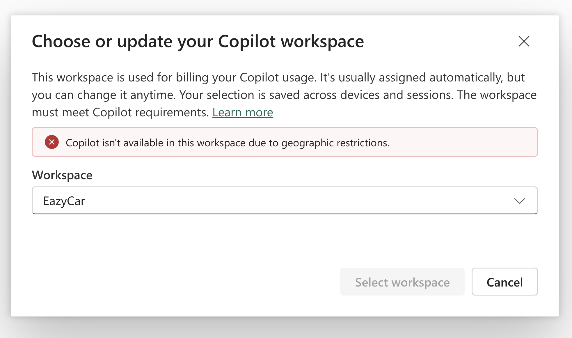 Copilot isn't available in this workspace due to geographic ...