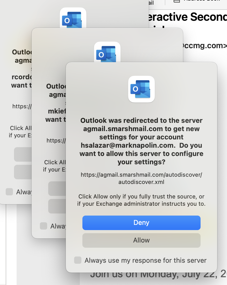 Dialogue boxes ask to allow or deny an action about a server. Then ...