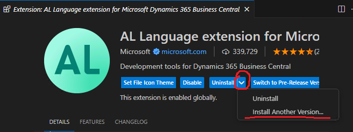 how fix the Problem in VSC "The current AL extension package can only ...