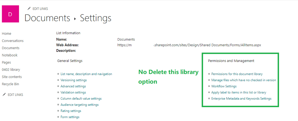 Delete option missing for Sharepoint Library - Microsoft Q&A