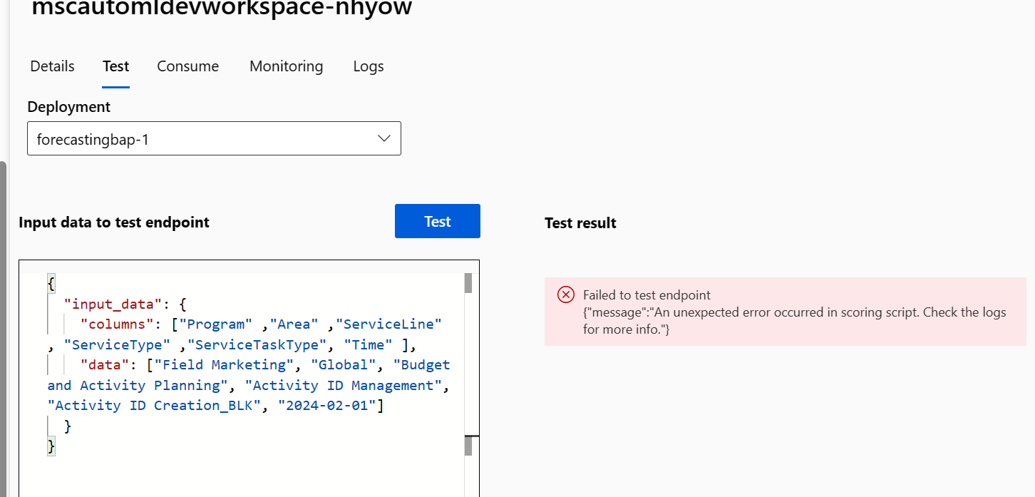 While testing ML endpoints from test portal its throwing exception ...