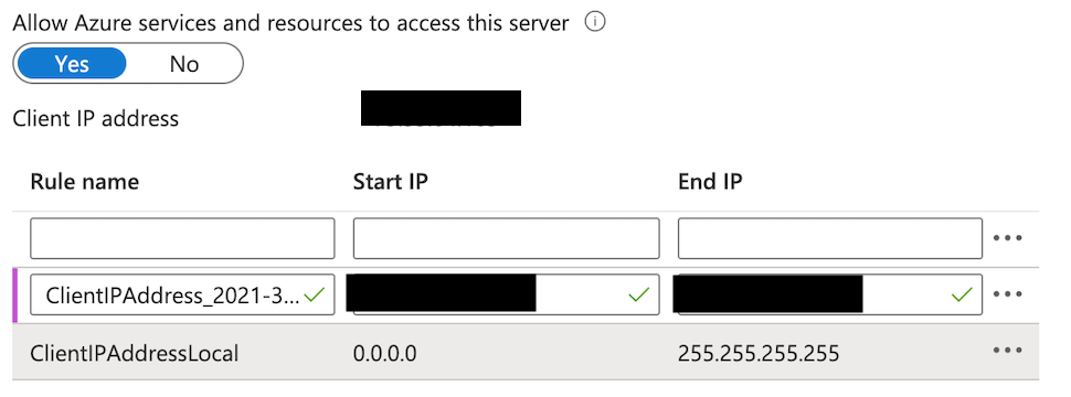 Azure Sql Server Firewall Not Allowing Operation To Connect Even Though Option Is Set To Yes In