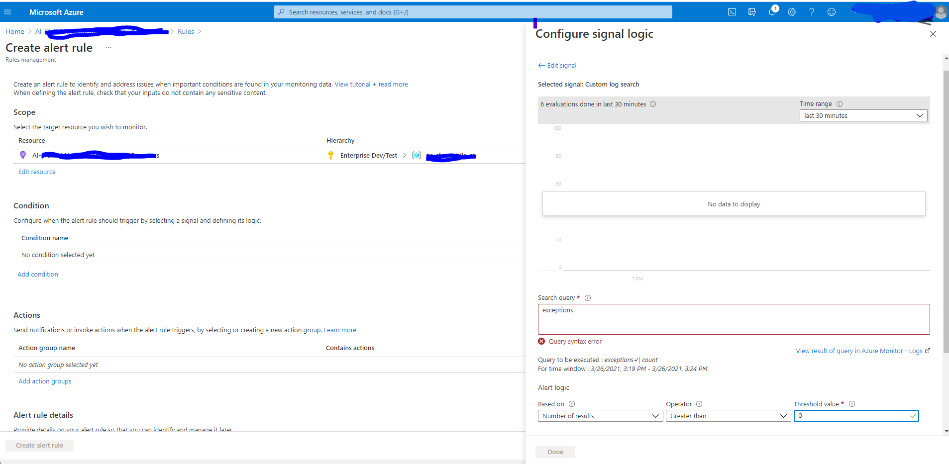 App Insights alert -Custom Log search condition throws Query Syntax ...