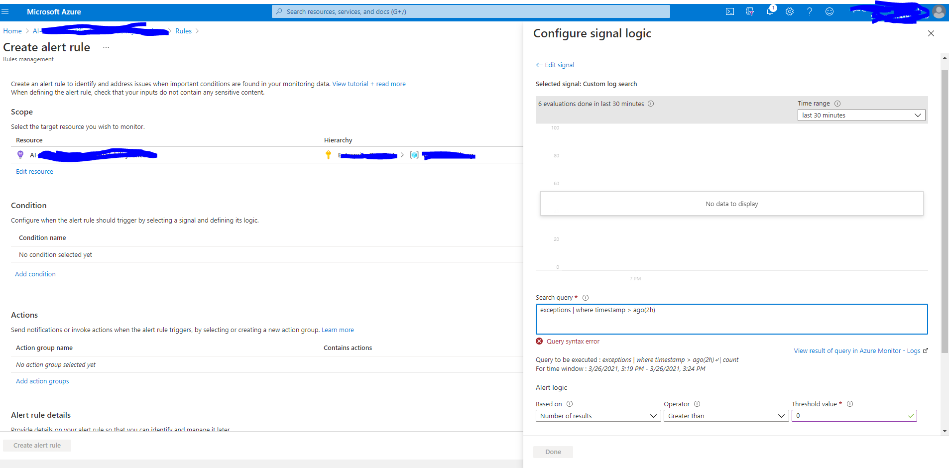 App Insights alert -Custom Log search condition throws Query Syntax ...