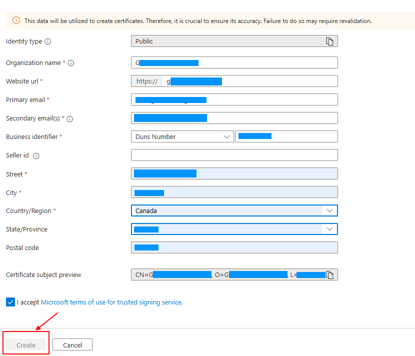 Unable to create new Identity for Azure Trusted Signing with Trusted Signing Identity Verifier ...