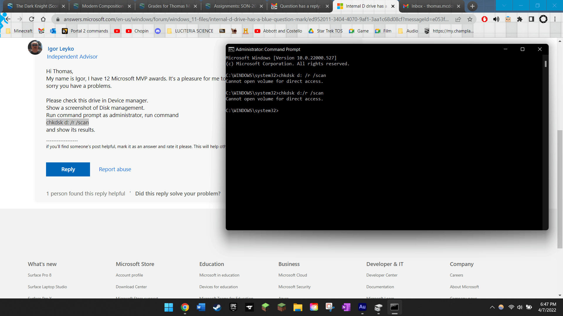 Internal D drive has a blue question mark. - Microsoft Q&A