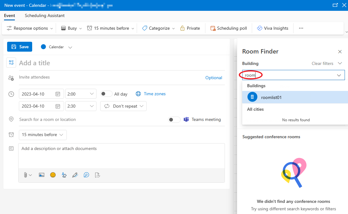 Room finder - no rooms to choose. - Microsoft Q&A
