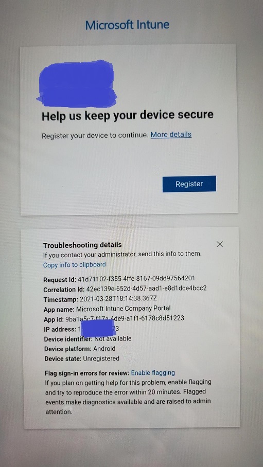 We couldn't complete sign in message when register a Android cell to ...