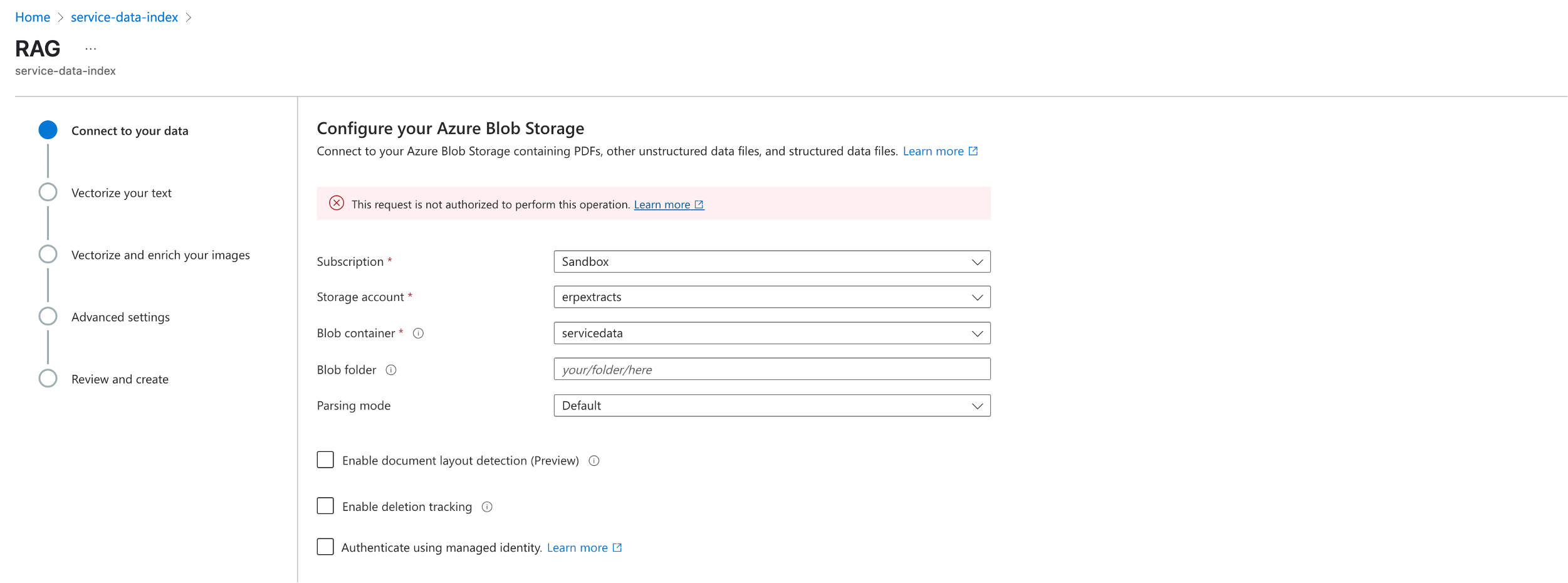 e.g. Azure AI search index setup error: "This request is not authorized to perform this ...
