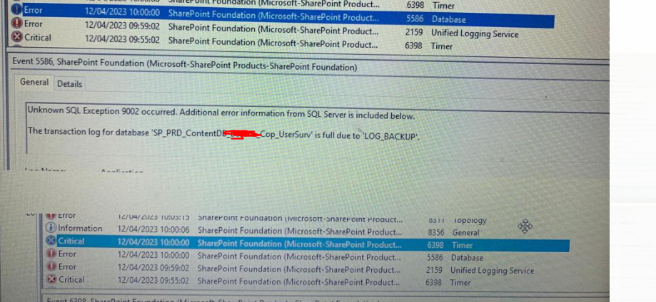Database drive space is full message in the monitoring section and site access issues ...