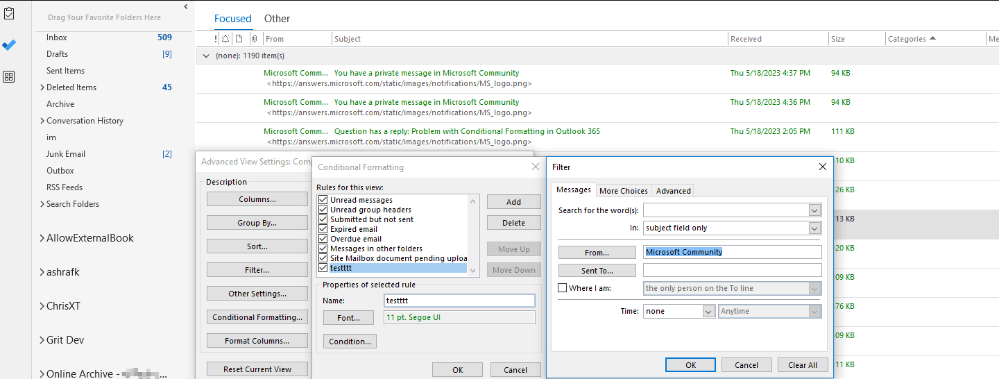 Problem with Conditional Formatting in Outlook 365 - Microsoft Q&A