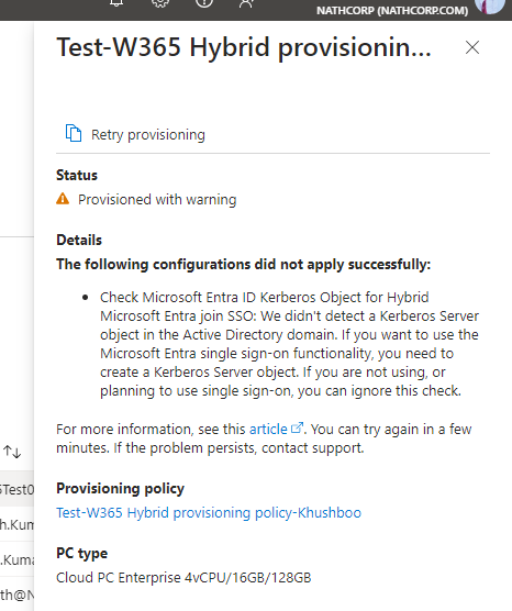Getting SSO related warning during provision the w365 enterprise cloud pc - Microsoft Q&A