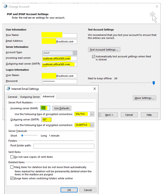 how to find IMAP incoming server name and outgoing server name for PC Outlook to configure a ...