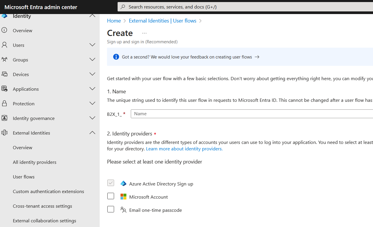 Hi, at Entra, Identity External Identities User flows, email with ...